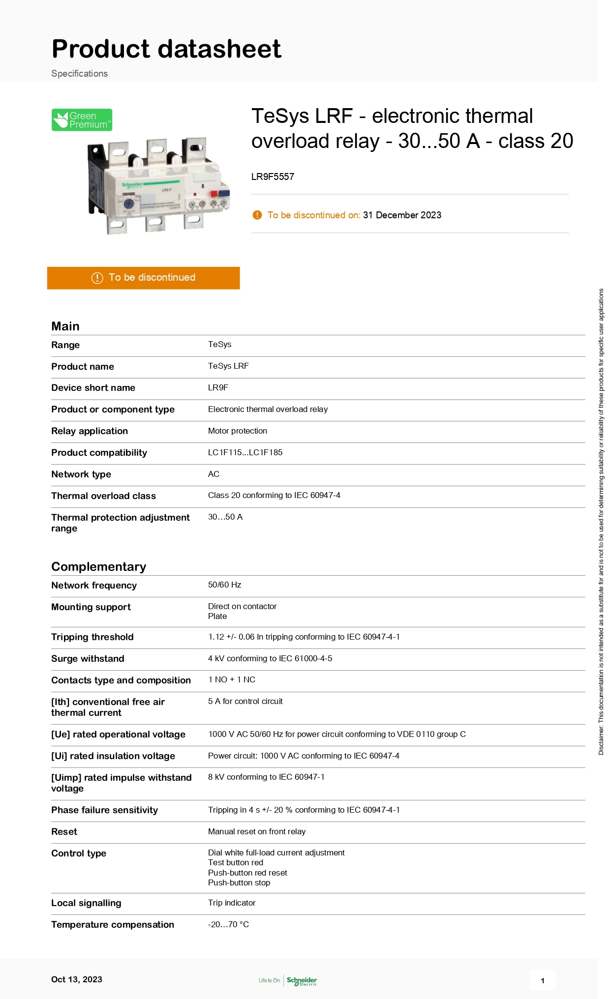 LR9F5557 Thermal Overload Relay, 50A, Schneider - Egy Volt